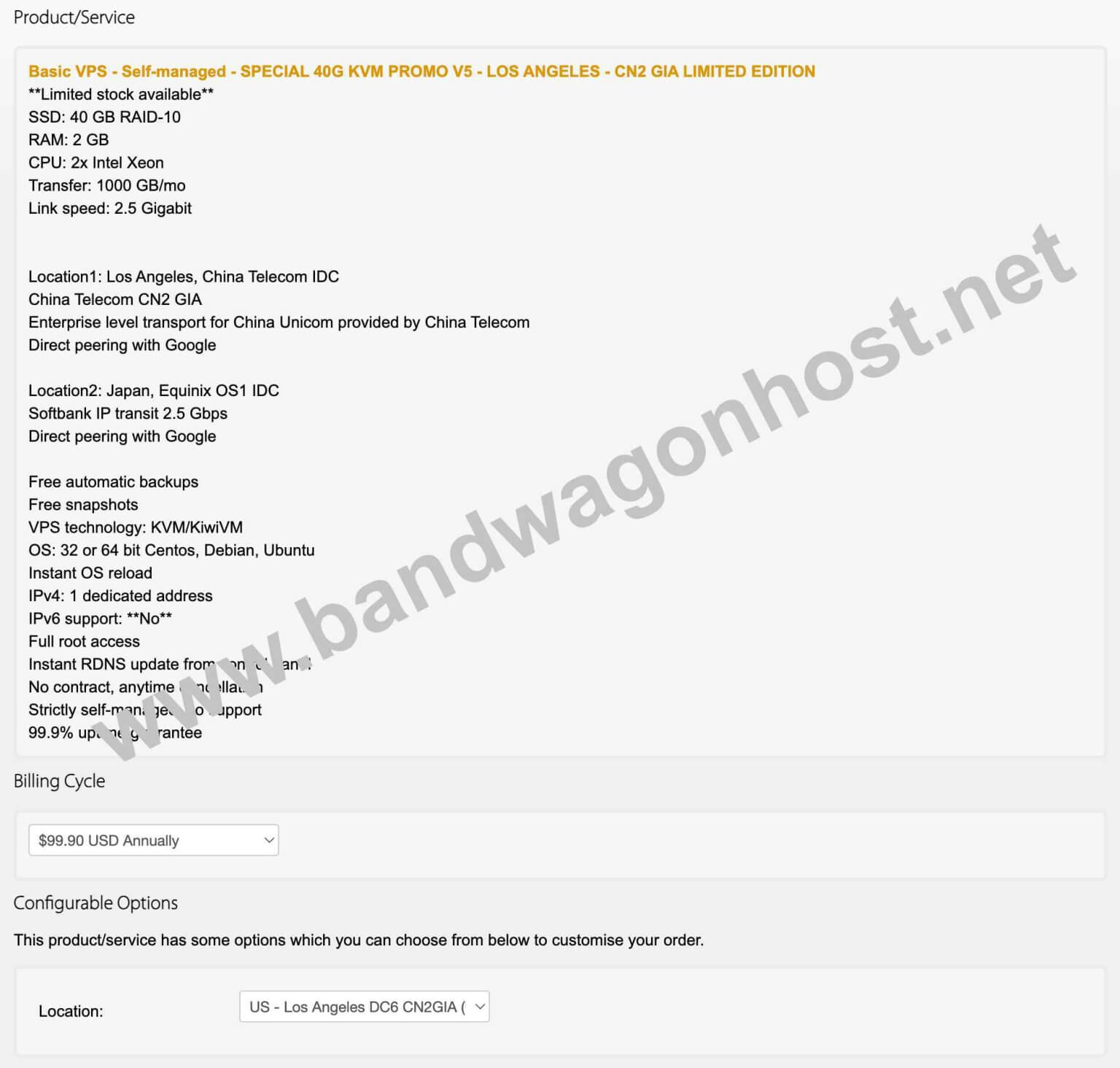 搬瓦工新款美国洛杉矶 CN2 GIA-E 40G 限量版套餐，年付 99.9 美元，可选 14 机房 - Bandwagonhost中文网-Bandwagonhost中文网